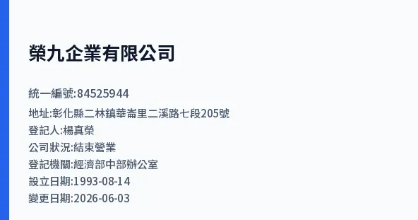榮九企業有限公司的照片-統編 84525944(彰化縣) 公司登記資料與營業項目詳細圖表