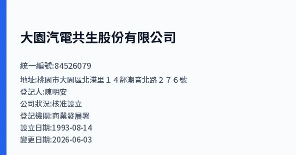 大園汽電共生股份有限公司的照片-統編 84526079(桃園市) 公司登記資料與營業項目詳細圖表