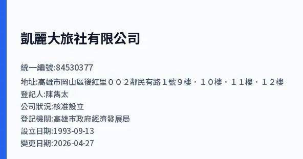 凱麗大旅社有限公司的照片-統編 84530377(高雄市) 公司登記資料與營業項目詳細圖表