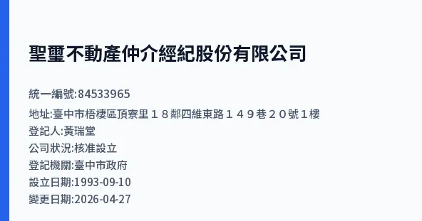 聖璽不動產仲介經紀股份有限公司的照片-統編 84533965(臺中市) 公司登記資料與營業項目詳細圖表