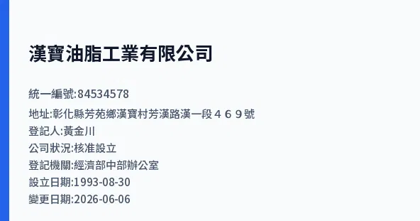 漢寶油脂工業有限公司的照片-統編 84534578(彰化縣) 公司登記資料與營業項目詳細圖表