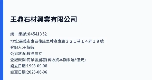 王鼎石材興業有限公司的照片-統編 84541352(嘉義市) 公司登記資料與營業項目詳細圖表
