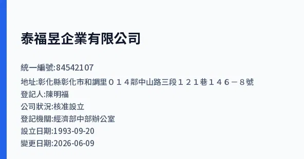 泰福昱企業有限公司的照片-統編 84542107(彰化縣) 公司登記資料與營業項目詳細圖表