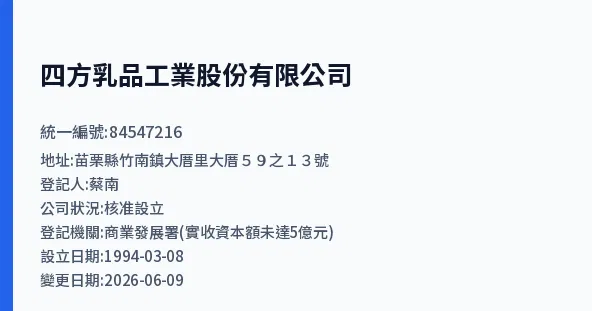 四方乳品工業股份有限公司的照片-統編 84547216(苗栗縣) 公司登記資料與營業項目詳細圖表