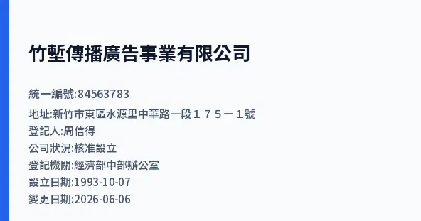 竹塹傳播廣告事業有限公司的照片-統編 84563783(新竹市) 公司登記資料與營業項目詳細圖表