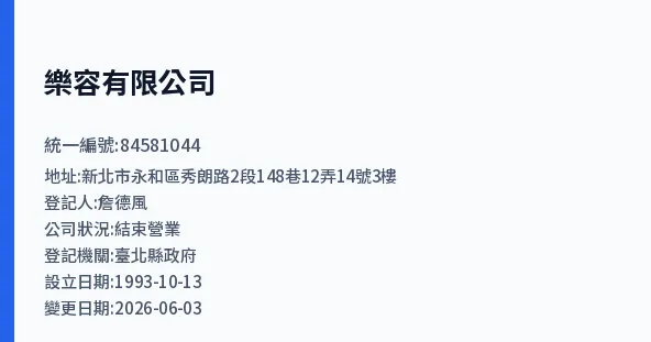 樂容有限公司的照片-統編 84581044(新北市) 公司登記資料與營業項目詳細圖表