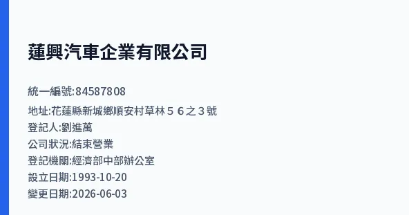 蓮興汽車企業有限公司的照片-統編 84587808(花蓮縣) 公司登記資料與營業項目詳細圖表