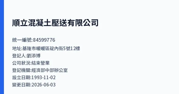 順立混凝土壓送有限公司的照片-統編 84599776(基隆市) 公司登記資料與營業項目詳細圖表