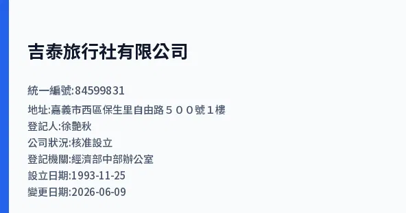 吉泰旅行社有限公司的照片-統編 84599831(嘉義市) 公司登記資料與營業項目詳細圖表