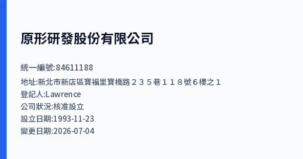 原形研發股份有限公司的照片-統編 84611188(新北市) 公司登記資料與營業項目詳細圖表