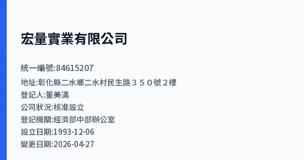 宏量實業有限公司的照片-統編 84615207(彰化縣) 公司登記資料與營業項目詳細圖表