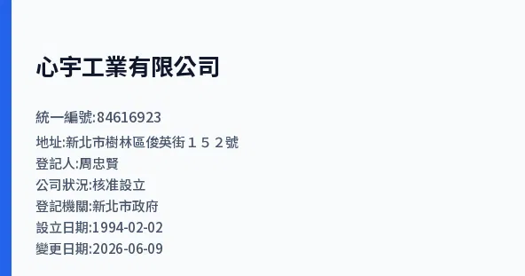 心宇工業有限公司的照片-統編 84616923(新北市) 公司登記資料與營業項目詳細圖表