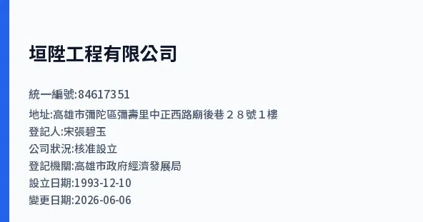 垣陞工程有限公司的照片-統編 84617351(高雄市) 公司登記資料與營業項目詳細圖表