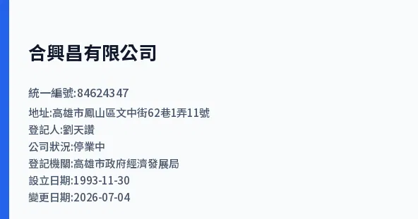 合興昌有限公司的照片-統編 84624347(高雄市) 公司登記資料與營業項目詳細圖表
