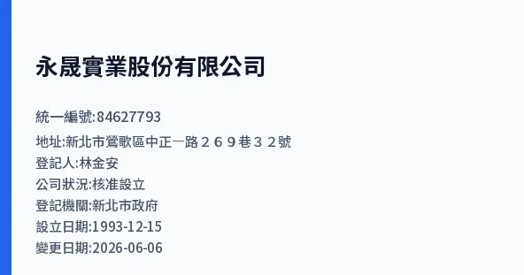 永晟實業股份有限公司的照片-統編 84627793(新北市) 公司登記資料與營業項目詳細圖表