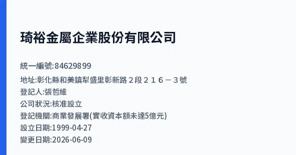琦裕金屬企業股份有限公司的照片-統編 84629899(彰化縣) 公司登記資料與營業項目詳細圖表