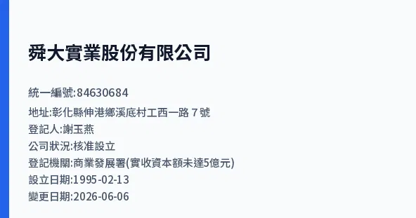 舜大實業股份有限公司的照片-統編 84630684(彰化縣) 公司登記資料與營業項目詳細圖表