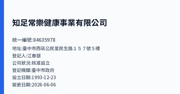 知足常樂健康事業有限公司的照片-統編 84635978(臺中市) 公司登記資料與營業項目詳細圖表
