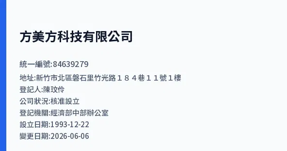 方美方科技有限公司的照片-統編 84639279(新竹市) 公司登記資料與營業項目詳細圖表