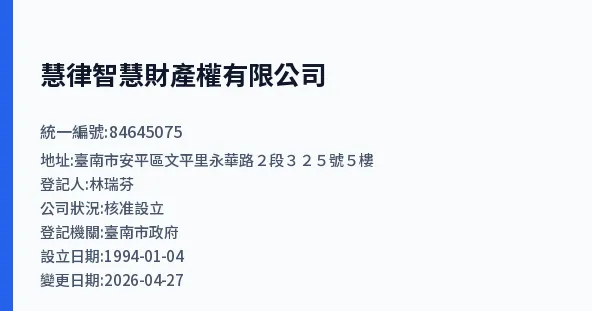 慧律智慧財產權有限公司的照片-統編 84645075(臺南市) 公司登記資料與營業項目詳細圖表