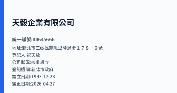 天毅企業有限公司的照片-統編 84645666(新北市) 公司登記資料與營業項目詳細圖表