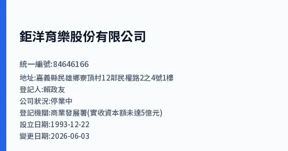 鉅洋育樂股份有限公司的照片-統編 84646166(嘉義縣) 公司登記資料與營業項目詳細圖表