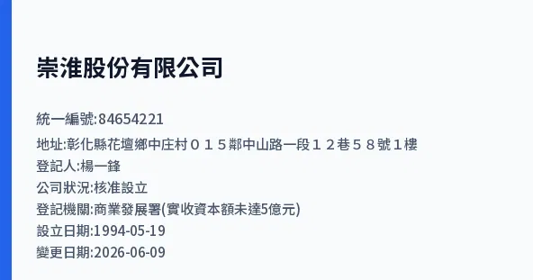 崇淮股份有限公司的照片-統編 84654221(彰化縣) 公司登記資料與營業項目詳細圖表