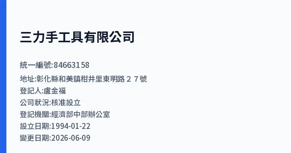 三力手工具有限公司的照片-統編 84663158(彰化縣) 公司登記資料與營業項目詳細圖表