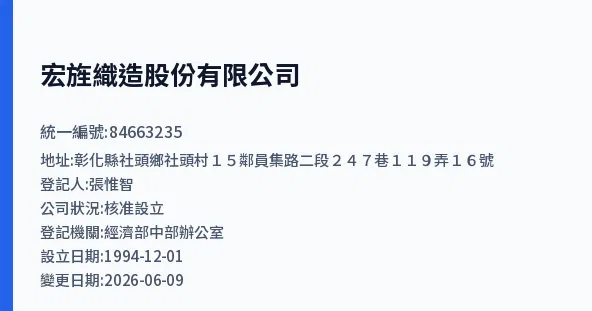 宏旌織造股份有限公司的照片-統編 84663235(彰化縣) 公司登記資料與營業項目詳細圖表