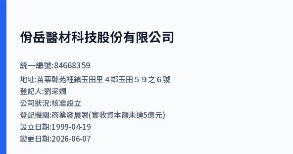 佾岳醫材科技股份有限公司的照片-統編 84668359(苗栗縣) 公司登記資料與營業項目詳細圖表
