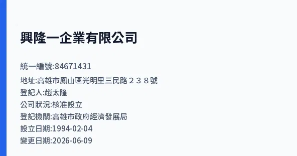 興隆一企業有限公司的照片-統編 84671431(高雄市) 公司登記資料與營業項目詳細圖表