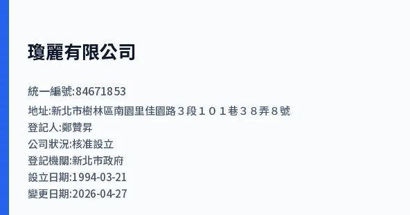 瓊麗有限公司的照片-統編 84671853(新北市) 公司登記資料與營業項目詳細圖表