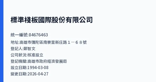 標準棧板國際股份有限公司的照片-統編 84676463(高雄市) 公司登記資料與營業項目詳細圖表