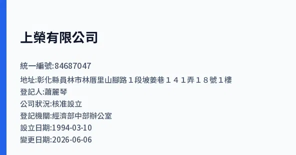 上榮有限公司的照片-統編 84687047(彰化縣) 公司登記資料與營業項目詳細圖表