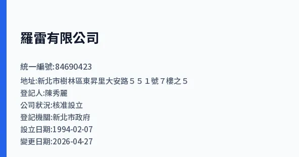 羅雷有限公司的照片-統編 84690423(新北市) 公司登記資料與營業項目詳細圖表