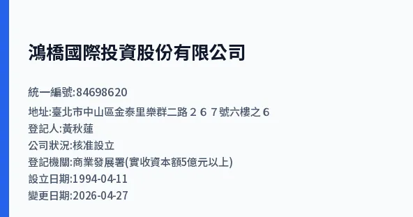 鴻橋國際投資股份有限公司的照片-統編 84698620(臺北市) 公司登記資料與營業項目詳細圖表