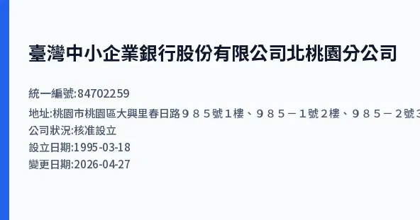 臺灣中小企業銀行股份有限公司北桃園分公司的照片-統編 84702259(桃園市) 公司登記資料與營業項目詳細圖表