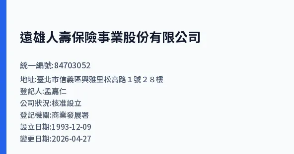 遠雄人壽保險事業股份有限公司的照片-統編 84703052(臺北市) 公司登記資料與營業項目詳細圖表