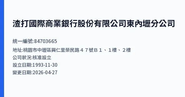 渣打國際商業銀行股份有限公司東內壢分公司的照片-統編 84703665(桃園市) 公司登記資料與營業項目詳細圖表