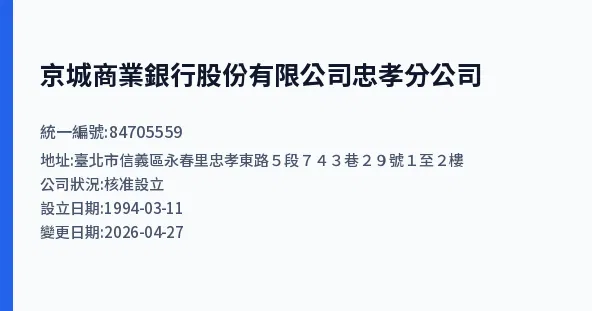 京城商業銀行股份有限公司忠孝分公司的照片-統編 84705559(臺北市) 公司登記資料與營業項目詳細圖表
