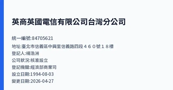 英商英國電信有限公司台灣分公司的照片-統編 84705621(臺北市) 公司登記資料與營業項目詳細圖表