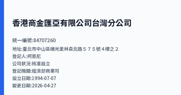 香港商金匯亞有限公司台灣分公司的照片-統編 84707260(臺北市) 公司登記資料與營業項目詳細圖表
