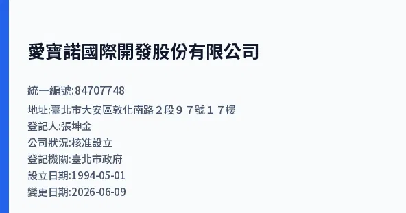 愛寶諾國際開發股份有限公司的照片-統編 84707748(臺北市) 公司登記資料與營業項目詳細圖表