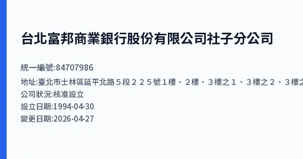 台北富邦商業銀行股份有限公司社子分公司的照片-統編 84707986(臺北市) 公司登記資料與營業項目詳細圖表