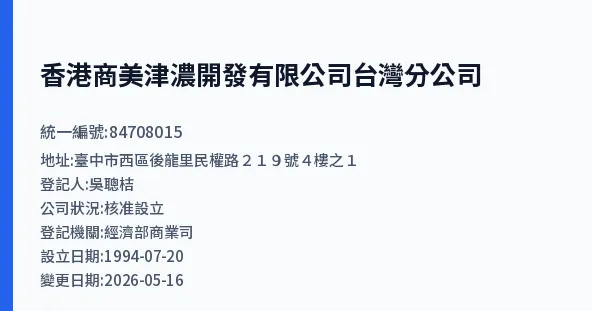 香港商美津濃開發有限公司台灣分公司的照片-統編 84708015(臺中市) 公司登記資料與營業項目詳細圖表