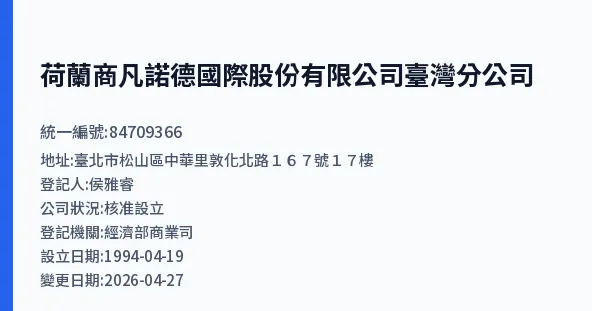 荷蘭商凡諾德國際股份有限公司臺灣分公司的照片-統編 84709366(臺北市) 公司登記資料與營業項目詳細圖表