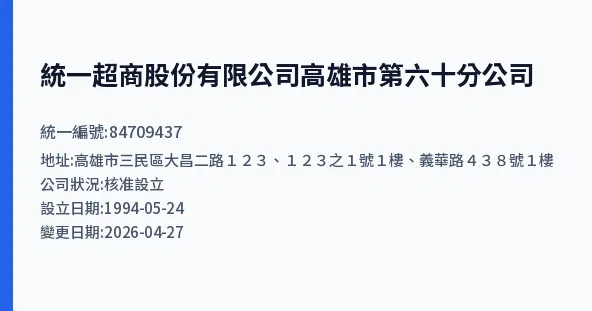 統一超商股份有限公司高雄市第六十分公司的照片-統編 84709437(高雄市) 公司登記資料與營業項目詳細圖表