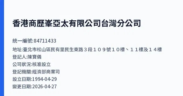 香港商歷峯亞太有限公司台灣分公司的照片-統編 84711433(臺北市) 公司登記資料與營業項目詳細圖表