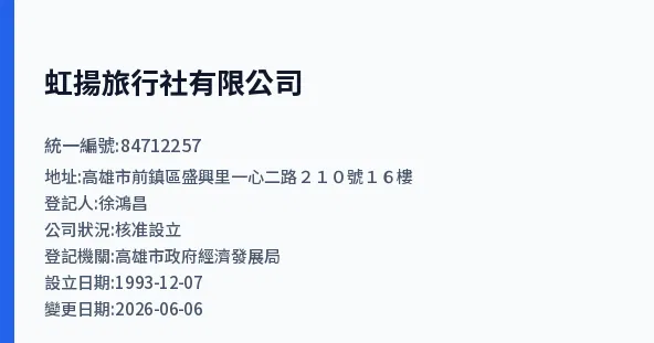 虹揚旅行社有限公司的照片-統編 84712257(高雄市) 公司登記資料與營業項目詳細圖表