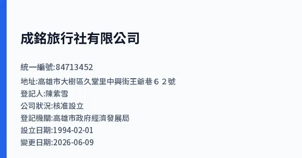 成銘旅行社有限公司的照片-統編 84713452(高雄市) 公司登記資料與營業項目詳細圖表